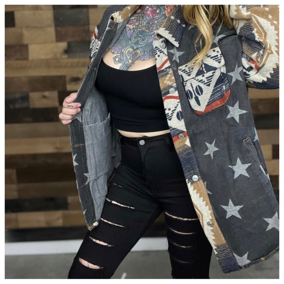 Jackets & Coats | Aztec Faded Stars Black Denim Oversized Jacket Sz M ...